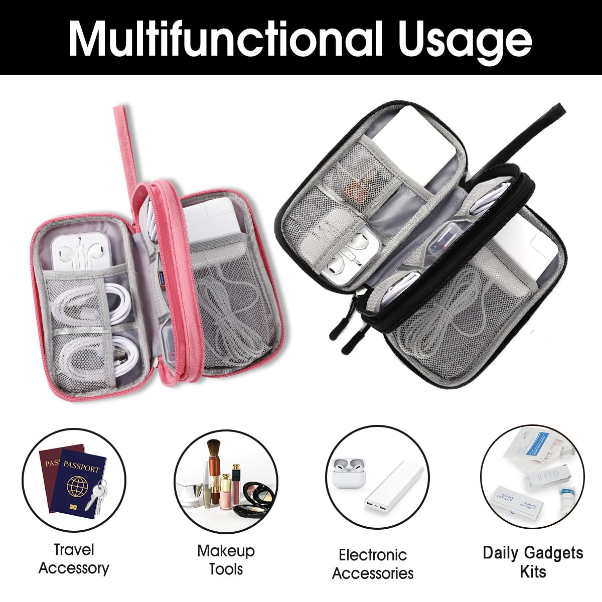 Tildaks Travel Electronic Organizer Pouch Bag, 3 Compartments Portable Electronic Phone Accessories Storage Multifunctional Case for Cable, Cord, Charger, Hard Drive, Earphone(Pink)