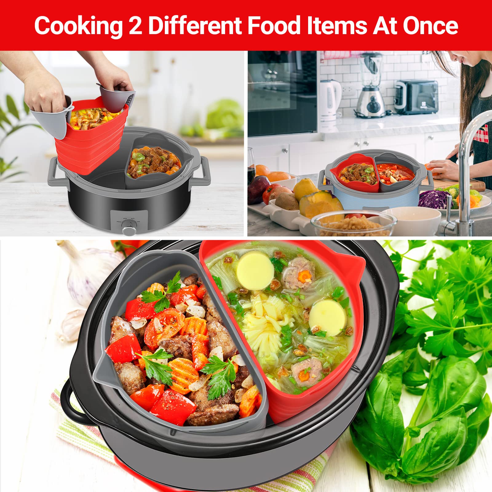 2 Set Silicone Slow Cooker Liners,SelfTek Reusable Liner Fits Crock-Pot &Hamilton Beach 7-8 Qt Oval,Foldable,Leakproof Dishwasher Safe Cooking Insert Includes Spoons - Red & Black