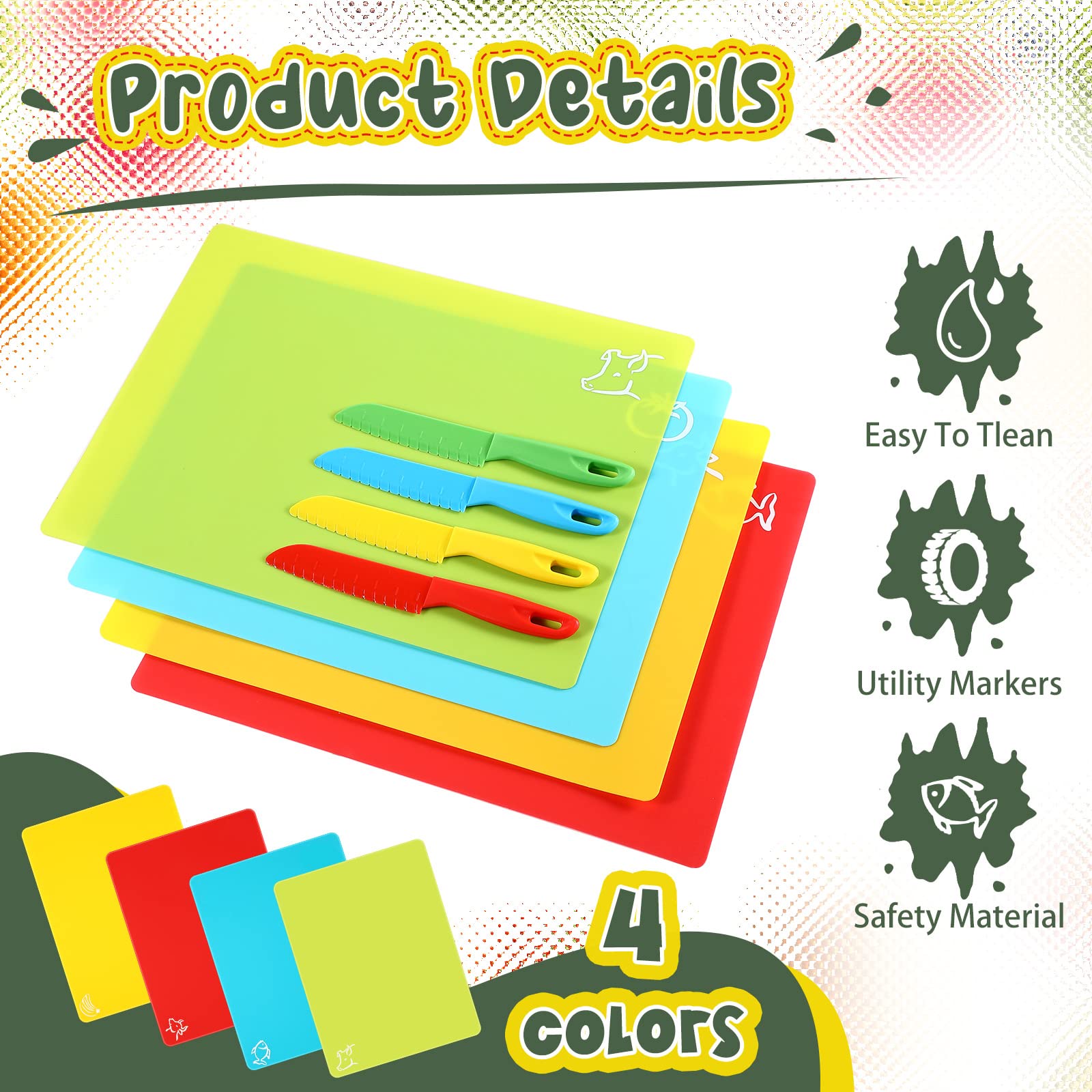 8 Pcs Kids Cutting Board and Knife Set 4 Pcs Colored Flexible Plastic Cutting Board Mats with Food Icons Slip Proof Chopping Board 4 Pcs Kid Plastic Kitchen Knife Set for Kids Safe Cooking Utensils
