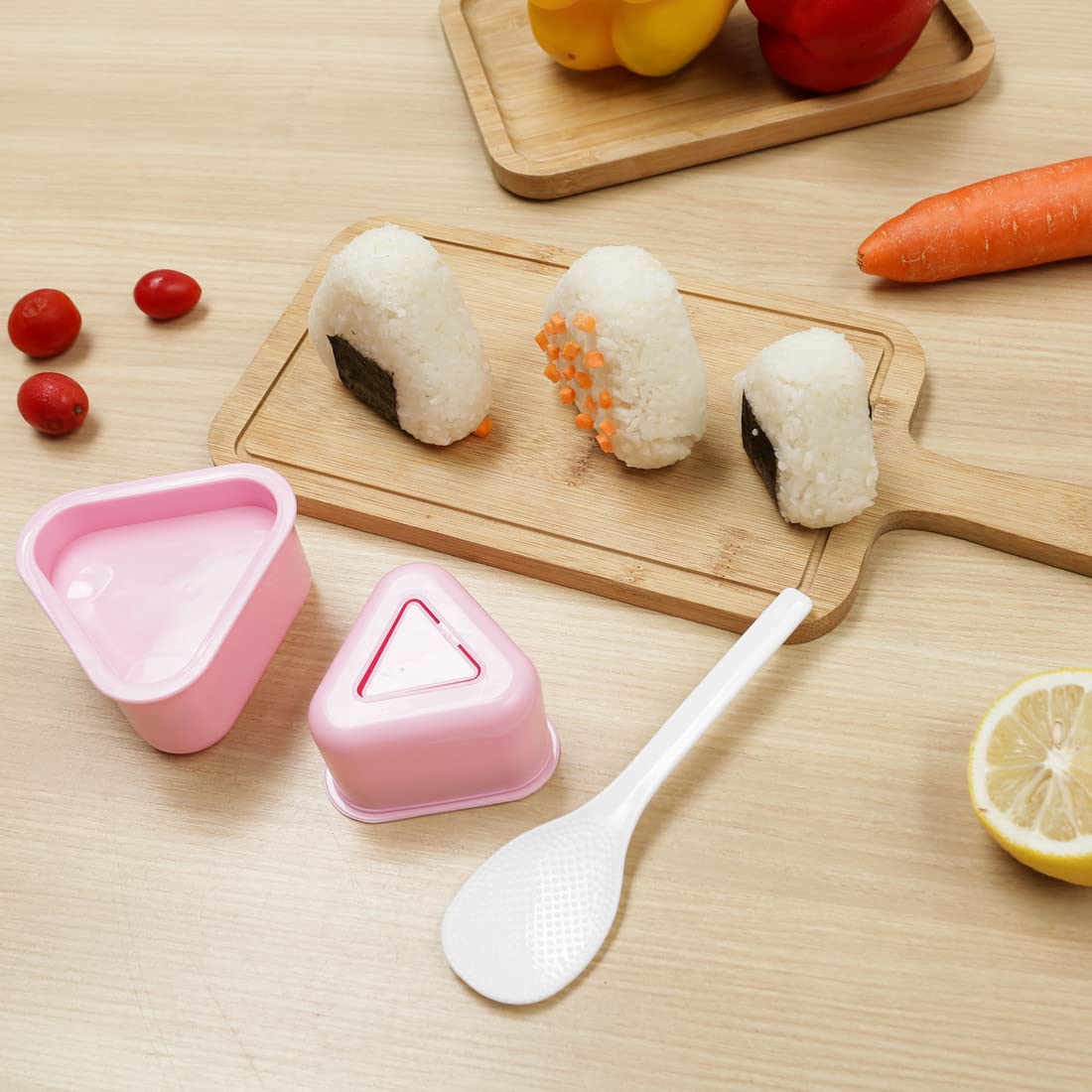 Aesumta Triangle Onigiri Mold,2 Pcs Sushi Mold ,Onigiri Mold Set with Wrapper Bags & Stickers for Bento Home DIY Sushi Making Kit (pink)