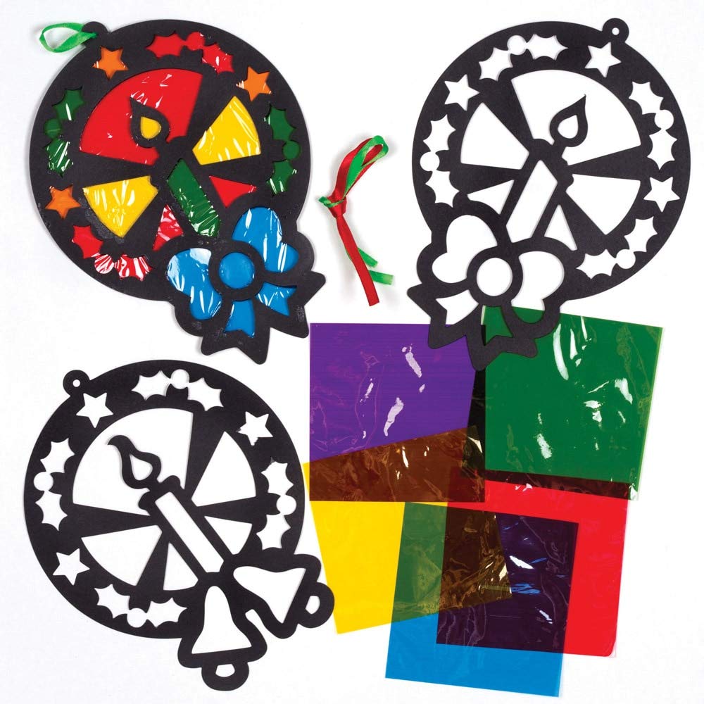 Baker Ross AT304 Christmas Wreath - Pack Of 6, Stained Glass Ornament Kits, Festive Arts And Crafts, Assorted