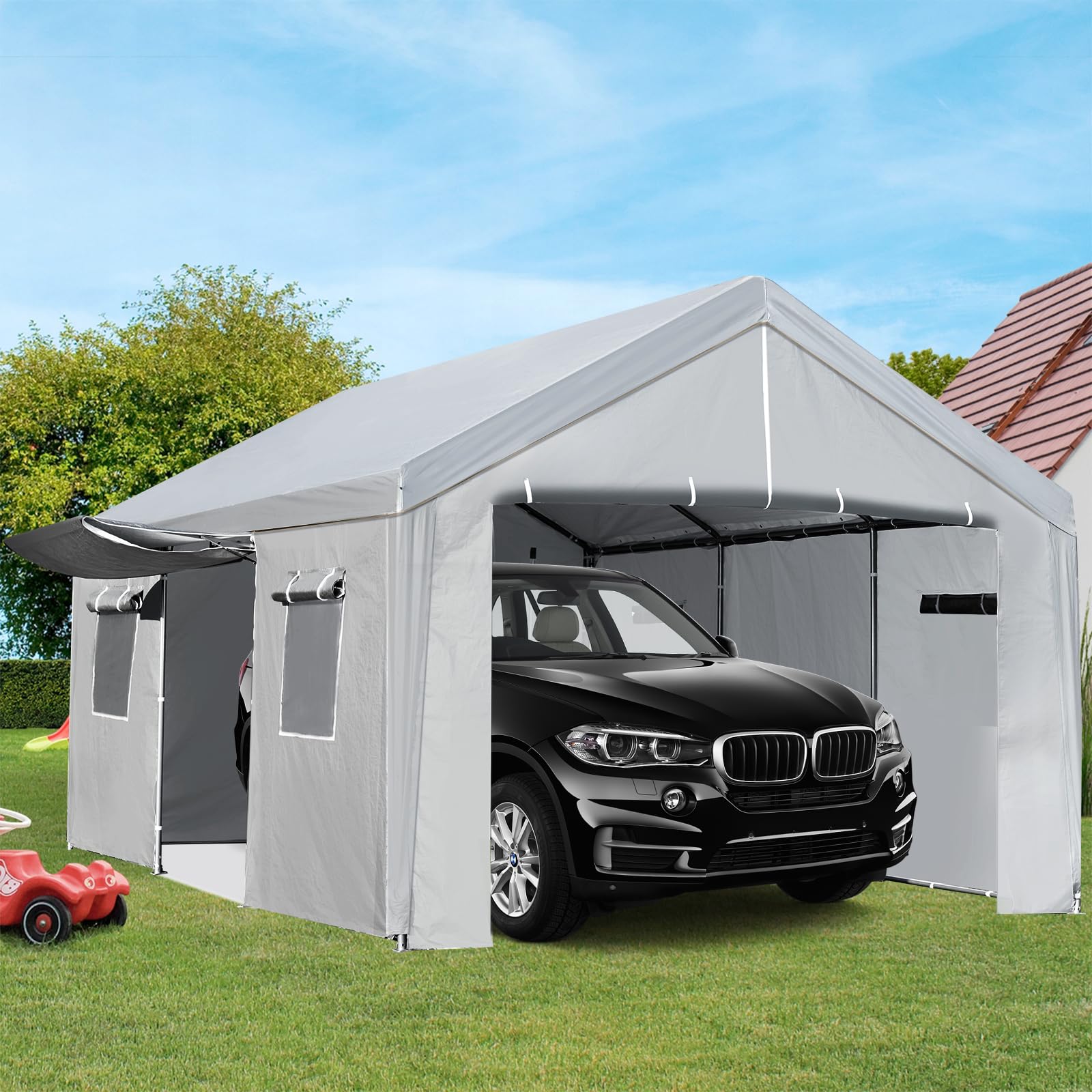 ACONEE Carport 10×20 FT Portable Garage, Heavy Duty Car Port Canopy with Roll-up Doors & Ventilated Windows, Galvanized Steel Frame, Boat Shelter Tent Waterproof All-Season Tarp for Pickup Truck, Grey