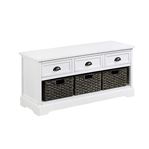 Knocbel Entry Wicker Storage Bench Wood Entryway Hallway Bedroom Bench Cabinet with 3 Drawers and 3 Woven Baskets, Fully Assembled, 19.5" H x 41.9" L x 15.2" W (White)