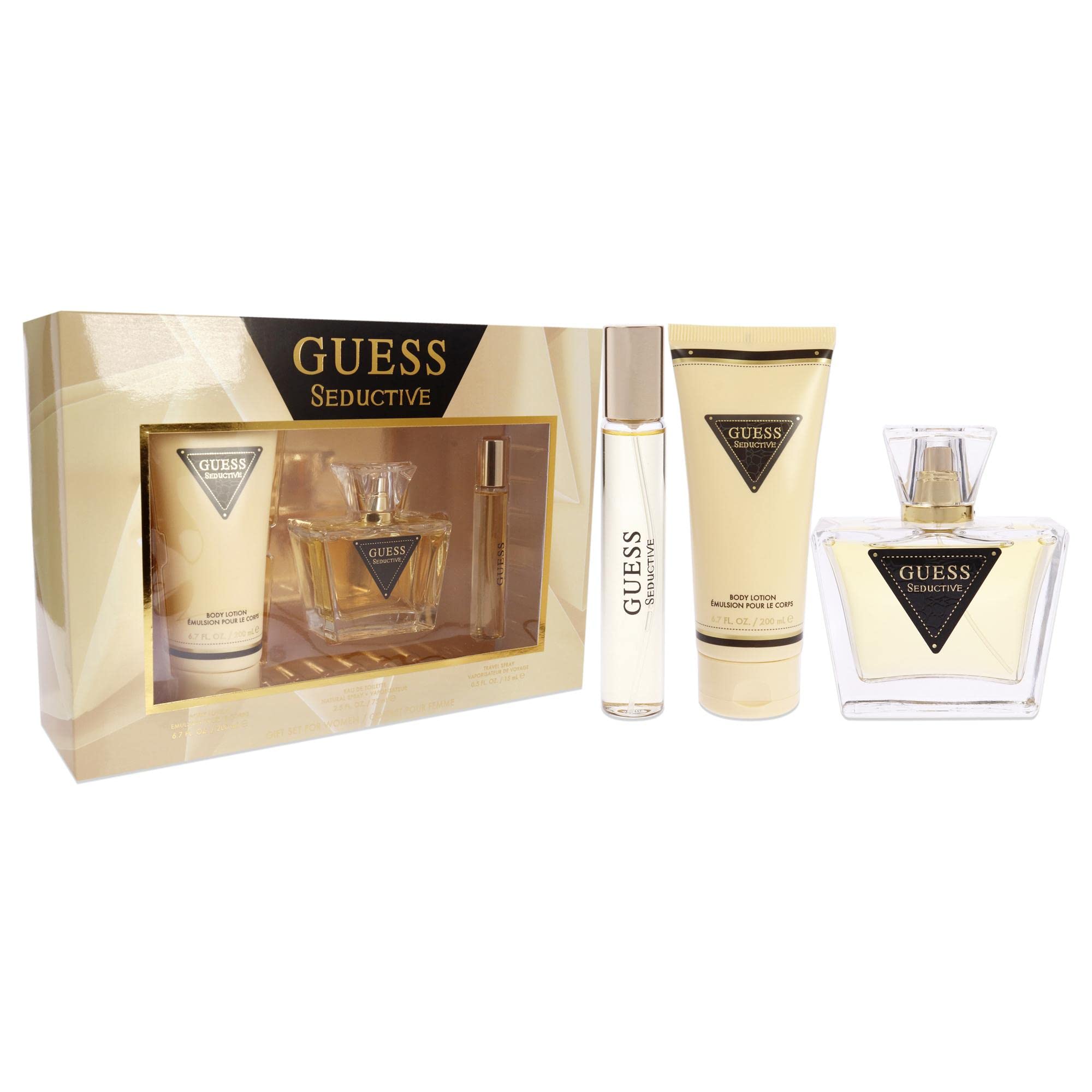 GUESS Factory Seductive Women 3 Pc Gift Set 2.5oz EDT Spray, 0.5oz EDT Spray 6.7oz Body Lotion, Silver/Navy, (GUS-SNW-F-00-075-04)