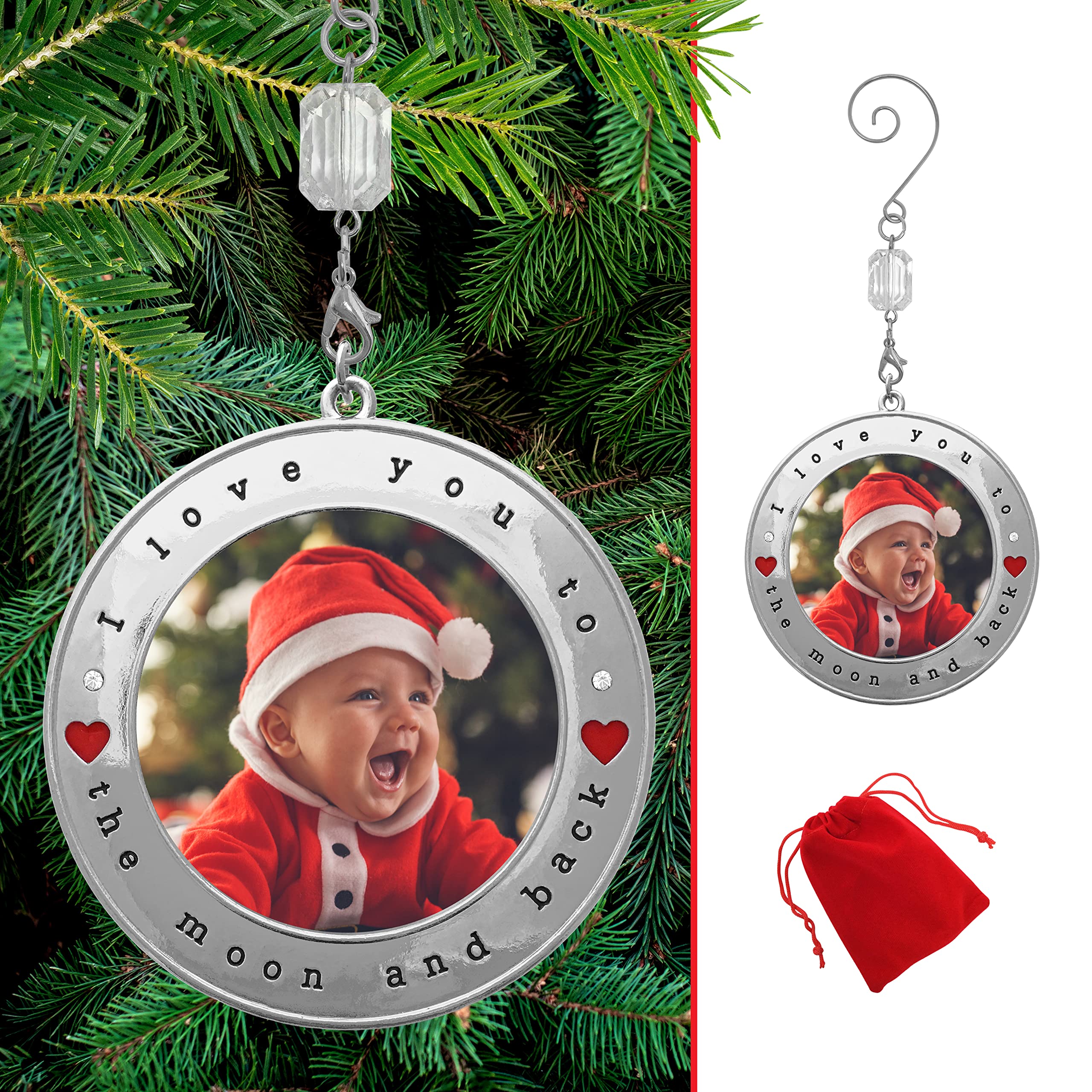 Baby's First Christmas Photo Ornament - I Love You to The Moon and Back - Gift/Storage Bag Included