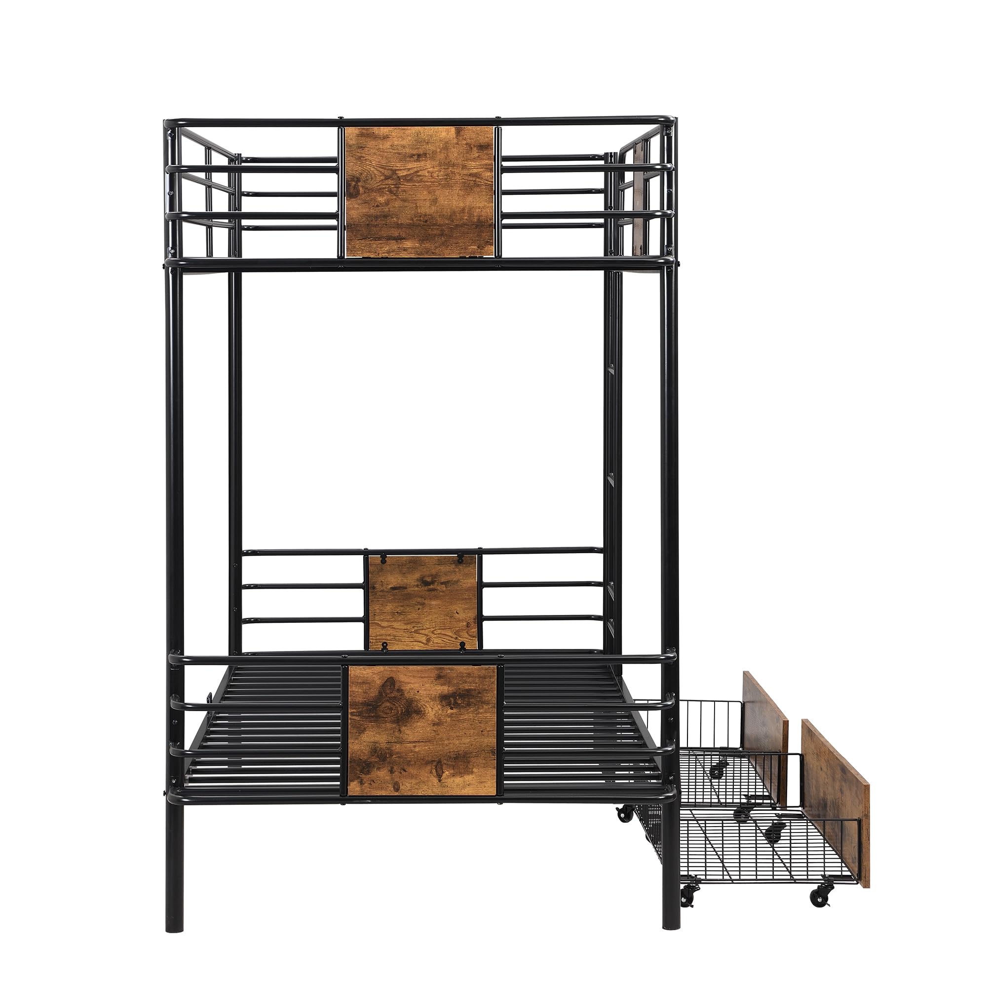 CKLMMC Twin XL Over Twin XL Metal Bunk Bed with MDF Board Guardrail and Two Storage Drawers for Kids Teens Adults