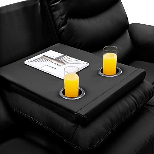 3 Seaters Manual Wall Hugger Chair RV Sofa, Faxu Leather Double Reclining Sectional Loveseat Couch with Fold-Down Table 2 Cup Holders & Pillow Top Armrest for Living Room/Apartment/Office/Theater