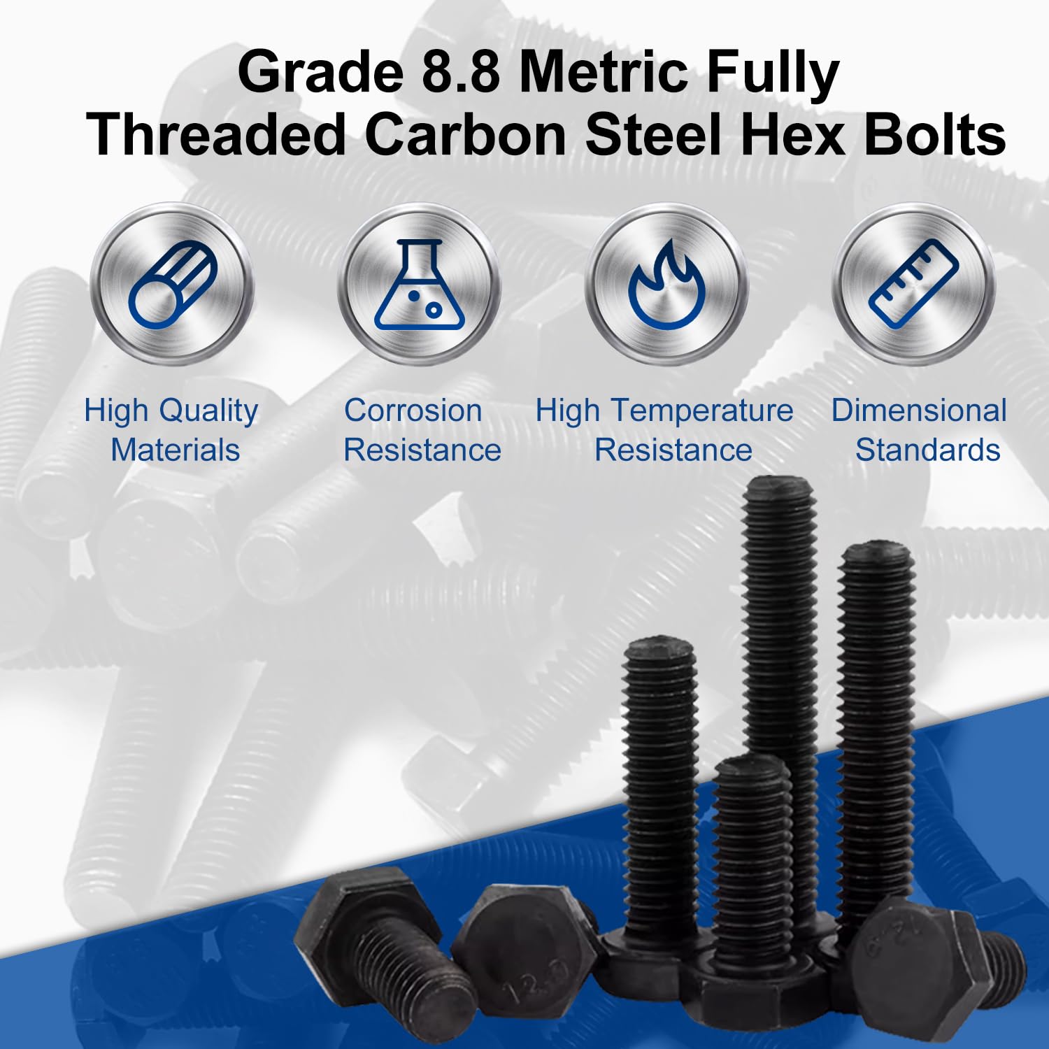 MroMax 2Pcs M12 x 60mm Hex Head Screw Bolt, Carbon Steel Grade 8.8, Black Oxide Finish, Full Thread, Hexagon Head Bolts for Furniture Repair