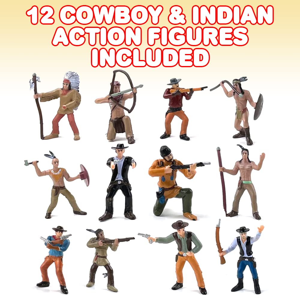 ArtCreativity Cowboy & Indian Action Figures Set of 12 - Realistic Details, Free-Standing, Party Decor & Favors for Kids
