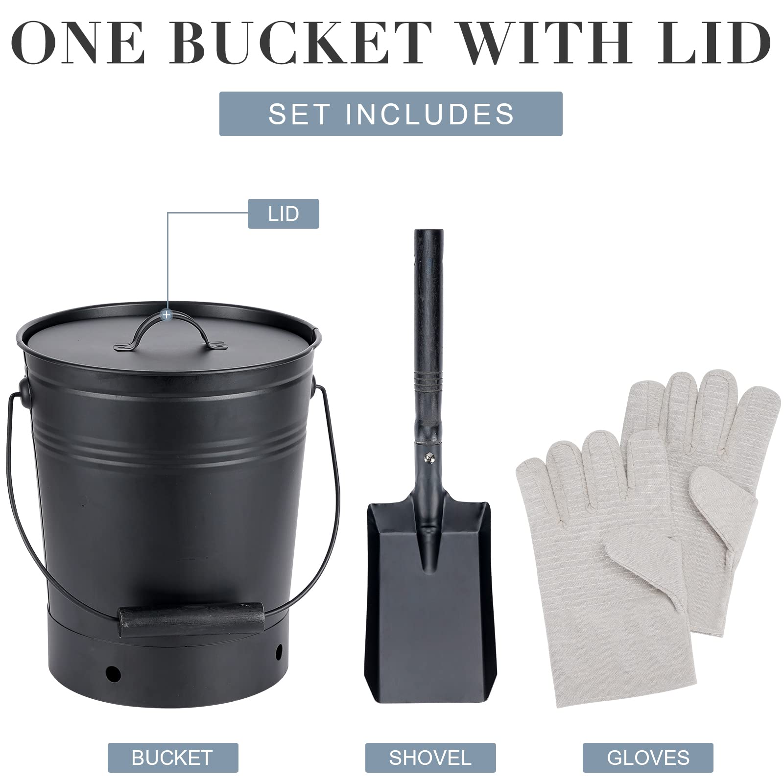 Ash Bucket with Lid and Coal Shovel, Fireplace Metal Bucket, Charcoal Bucket, Ash Can, Galvanized Iron Ash Bucket for Hearth, Fire Pit, Wood Burning Stove, Grill, Black