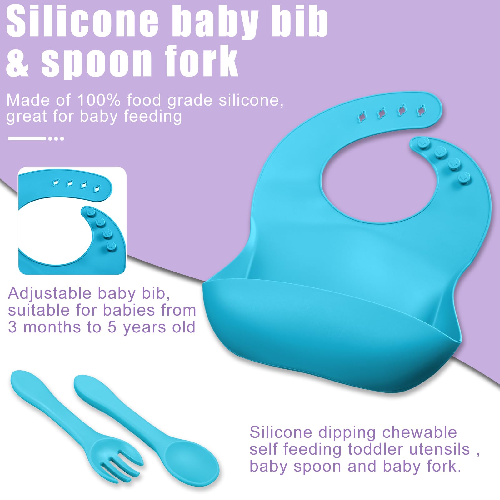 3 Sets Baby Led Weaning Supplies, Silicone Baby Feeding Set with Divided Plate Adjustable Bib Suction Bowl with Lid Snack Cup Soft Spoon Fork, Self Eating Utensil (Beige, Orange, Mint)