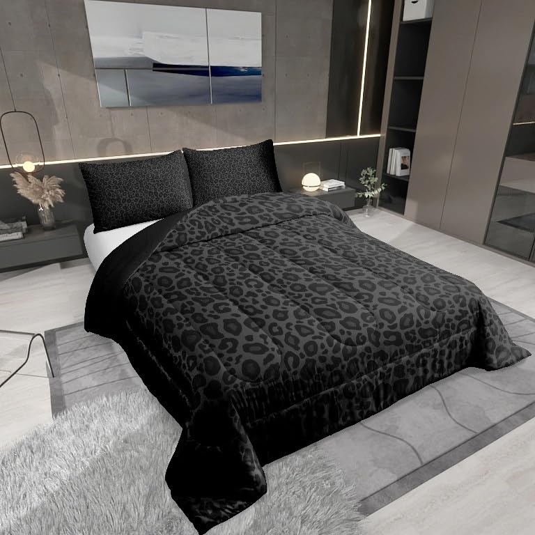Castle Fairy Gray Wild Animal Skin Boys Girls Comforter Set Full Size,Leopard Print Duvet Set Teens Bedroom Decor,African Cheetah Wildlife Microfiber Soft Bedding