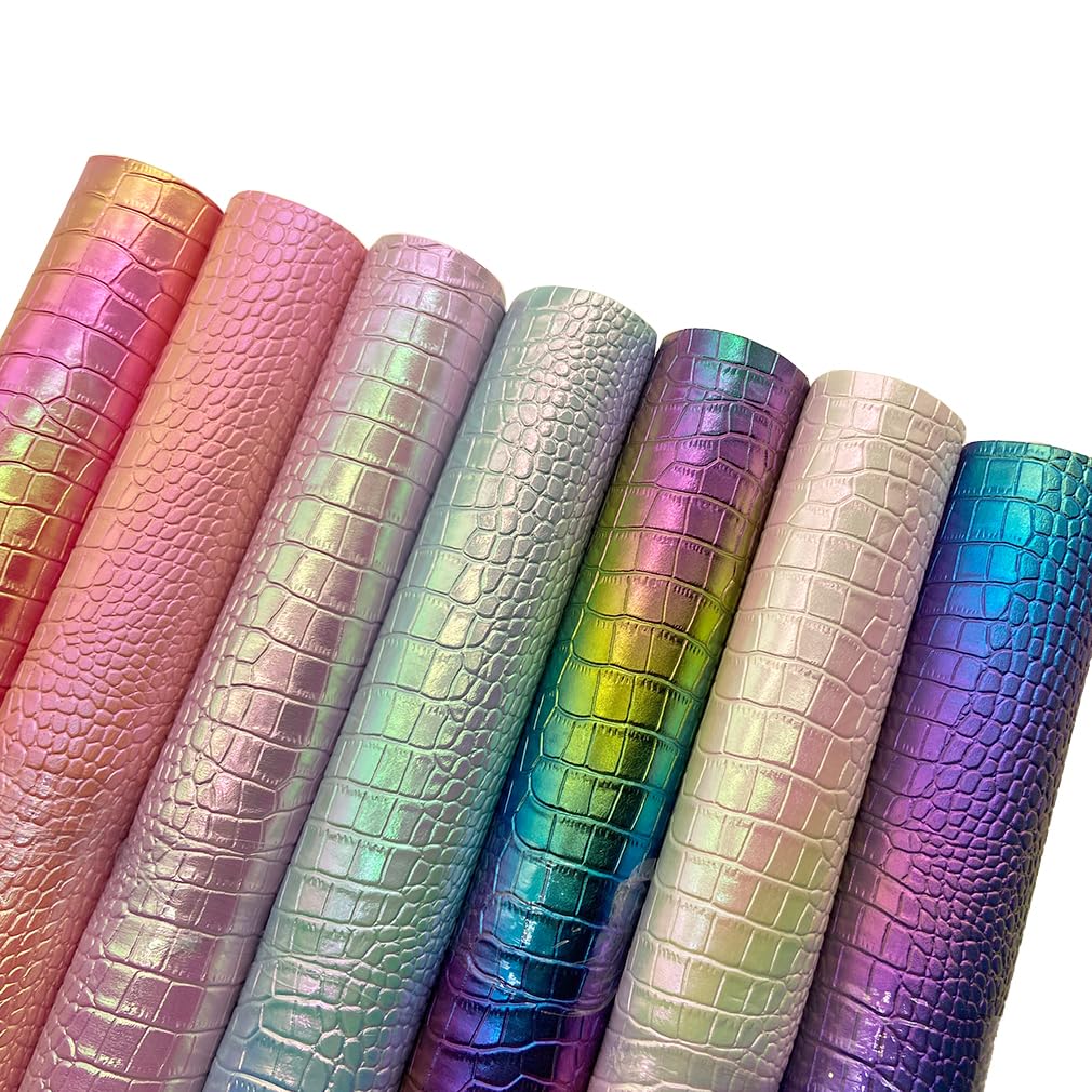 8 x 12 inches Holographic Iridescence Crocodile Faux Leather Sheets, 7pcs A4 Shiny Alligator Textured Synthetic Leather Fabric for Crafts Making Leather Earrings, Bows,Sewing ï»ż