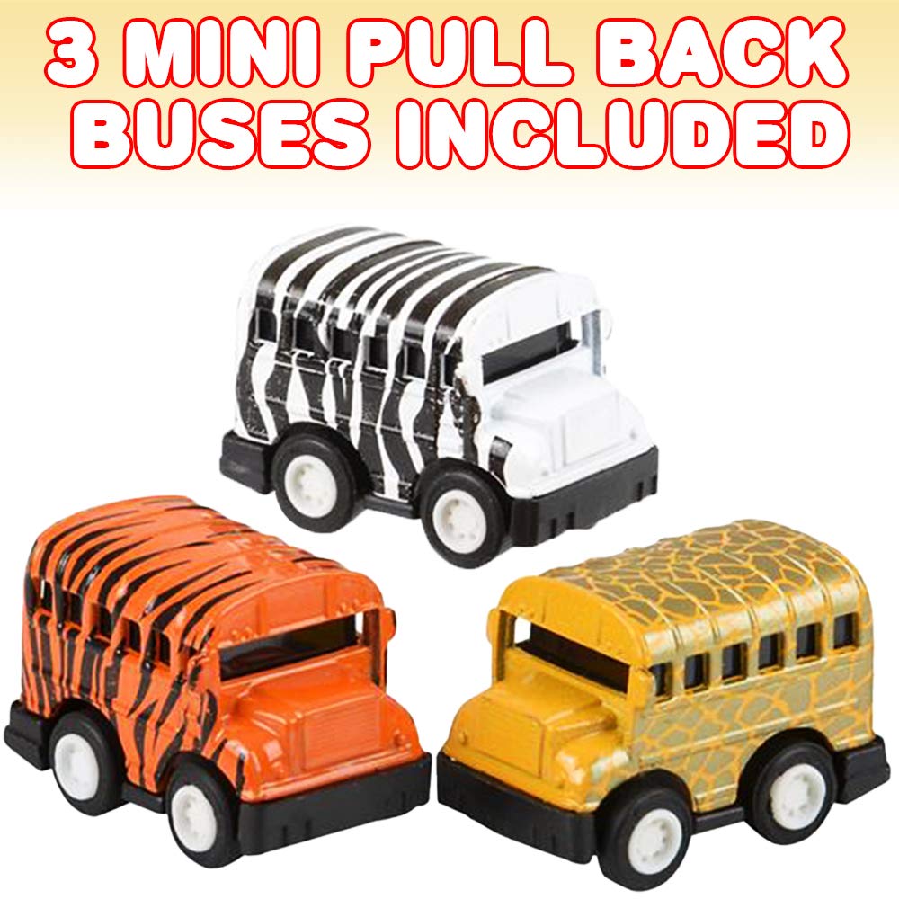 ArtCreativity Pullback Mini Zoo Buses for Kids, Set of 3, Assorted Animal Design Bus with Pullback Mechanism, Durable Plastic Material, Safari Party Decorations, Great Birthday Gift for Boys & Girls