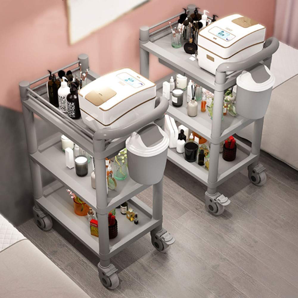 3 Tier Medical Instruments Rolling Cart with Handle Dirt Bucket, Abs Beauty Salon Trolley with Brake Wheel, 100Kg Load, 98Cm Height, PIBM