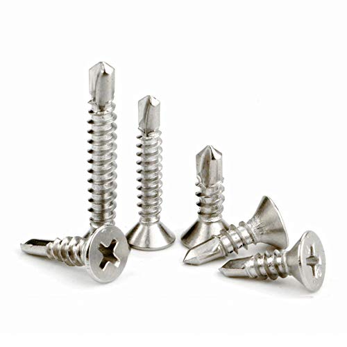 Metal Tek Screws Sheet Metal Self-Drilling Screws Phillips Drive Flat Head 410 Stainless Steel Countersunk, #3Drill Point Thread Size #10-16 Dia 3/16β(Pack 100,1 1/4")