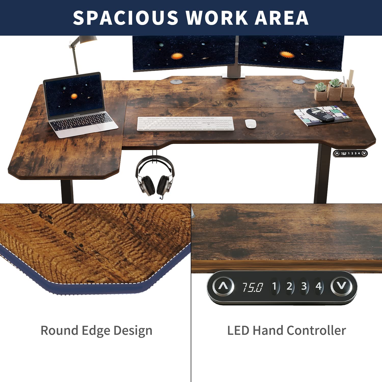 59'' L Shaped Electric Height Adjustable Standing Desk, Sit to Stand Home Office Computer Desk with Black Frame & Rustic Brown Top