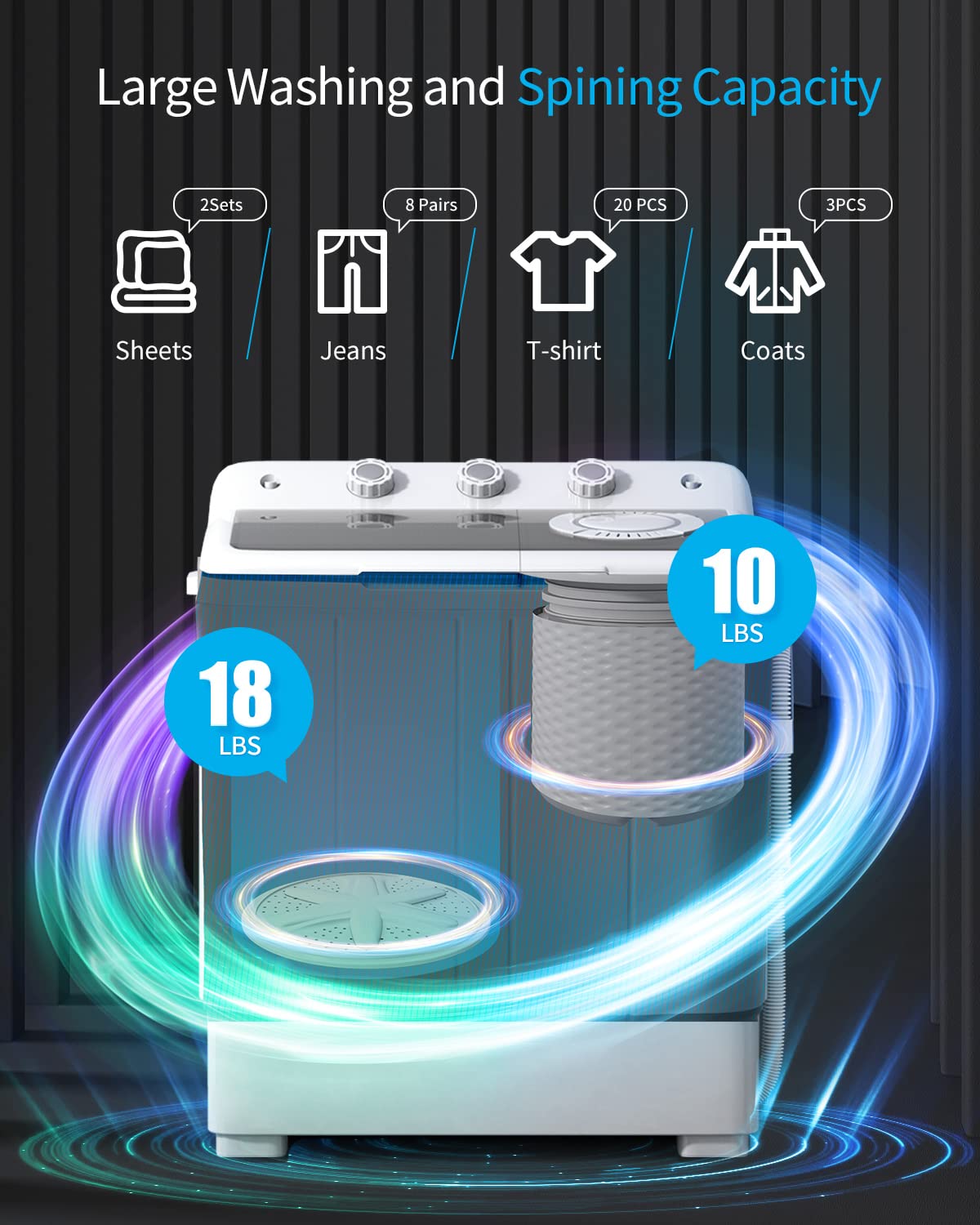 28lbs Portable Washing Machine with Drain Pump, Laundry Compact Washer Machine, Twin Tub Washing Machine, Washer and Spiner Machine for Dorms, Apartments, RVs (Grey)