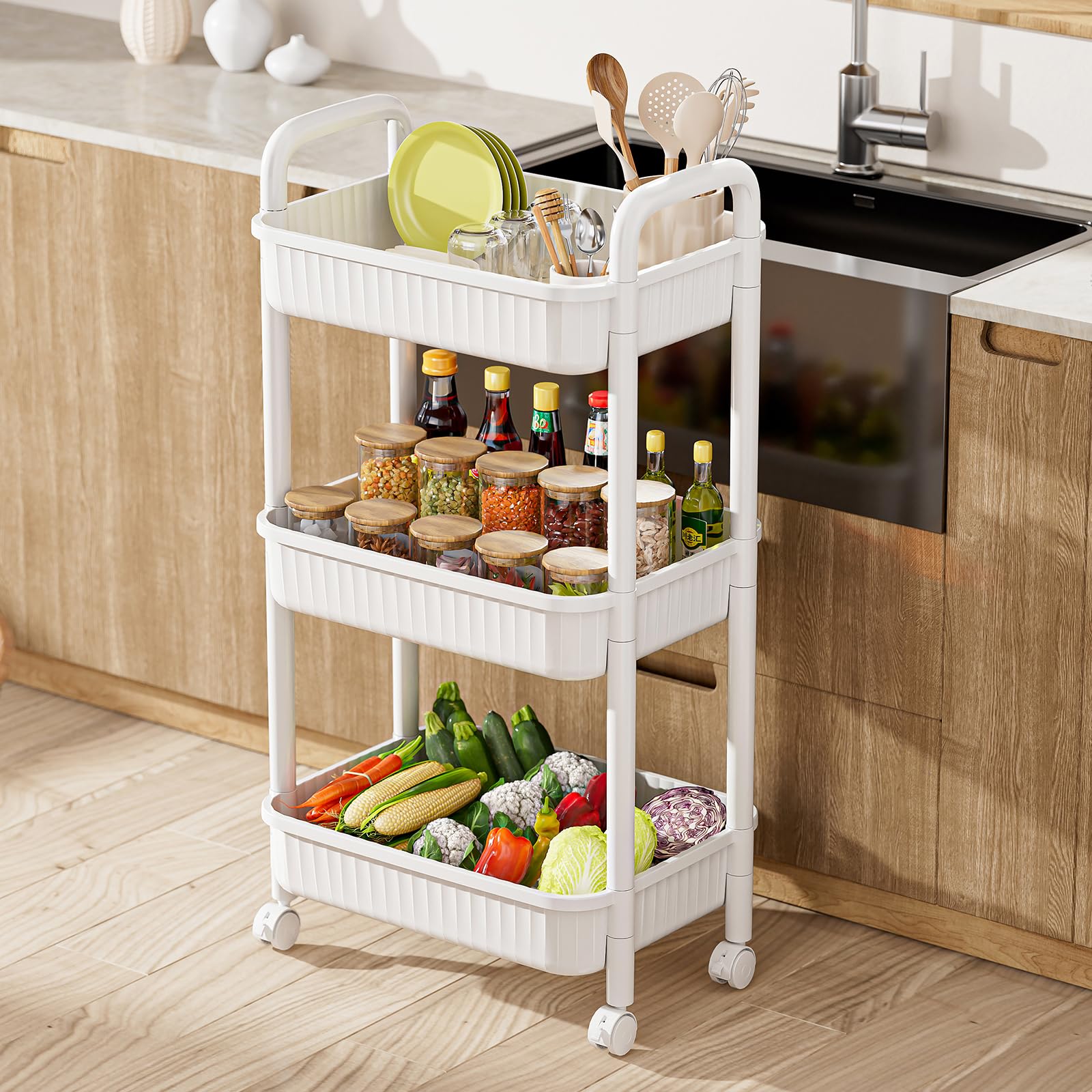 3 Tier Rolling Cart, Utility Cart with Handle and Lockable Universal Casters, Wheeled Laundry Carts, Snack Cart on Wheels, Multi-Use Storage Trolley Cart for School, Office, Living Room, Kitchen