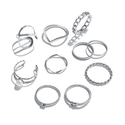 17 MILE 10 Pcs Vintage Knuckle Stackable Rings Set for Women, Bohemian Gold/Silver Plated Comfort Fit VSCO Wave Joint Finger Rings Gift (Pearl Gold) (Silver)