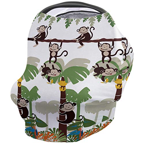 Car Seat Canopy Nursy Cover, Monkey Tree Jungle Zoo Multi Use Breastfeeding Scarf for Infant Carseat Canopy, Stroller, Shopping Cart, Highchair