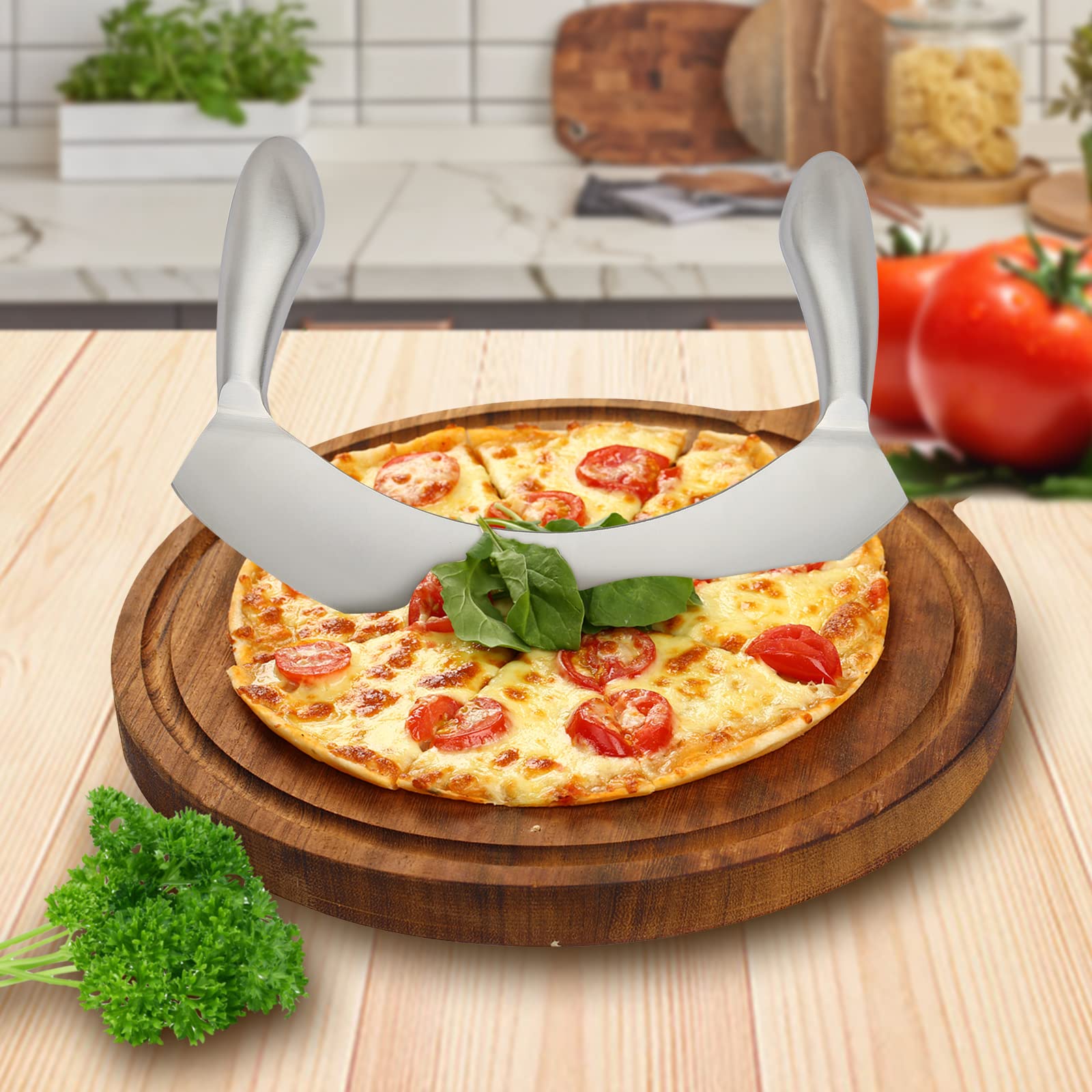 8.7 Inch Stainless Steel Mezzaluna Knife - Salad Chopper Rocker Pizza Cutter Rocker Knife Curved Blade Sharp Blade Double Handle Fruit Vegetable Mincing Knife