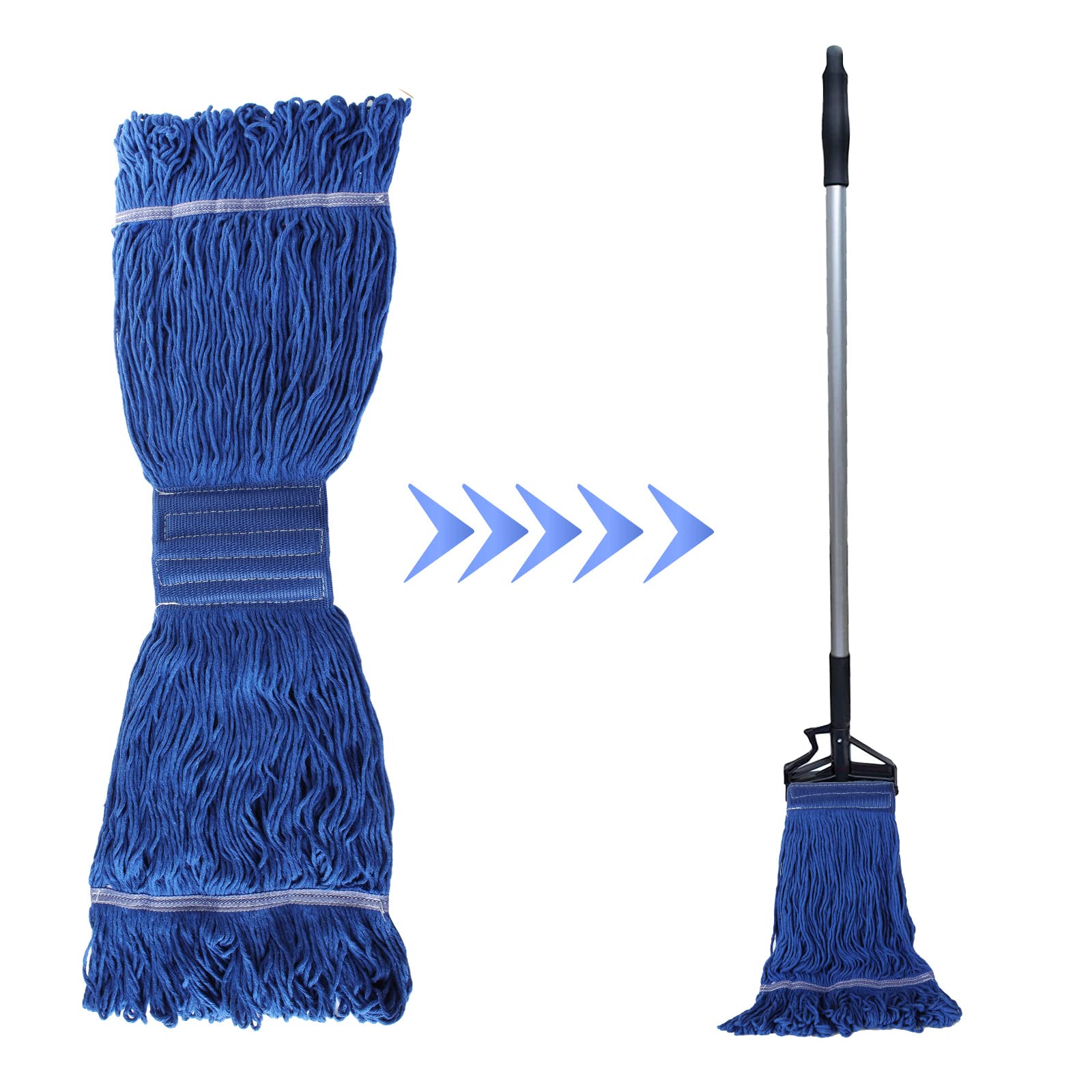 4Pcs Commercial String Mop Head, Loop-End Mop Head Replacement, Heavy Duty Mop Head Refills, 6 Inch Headband, Cotton Looped End Wet Cleaning Mop Refill for Home, Industrial and Commercial Use (Blue)