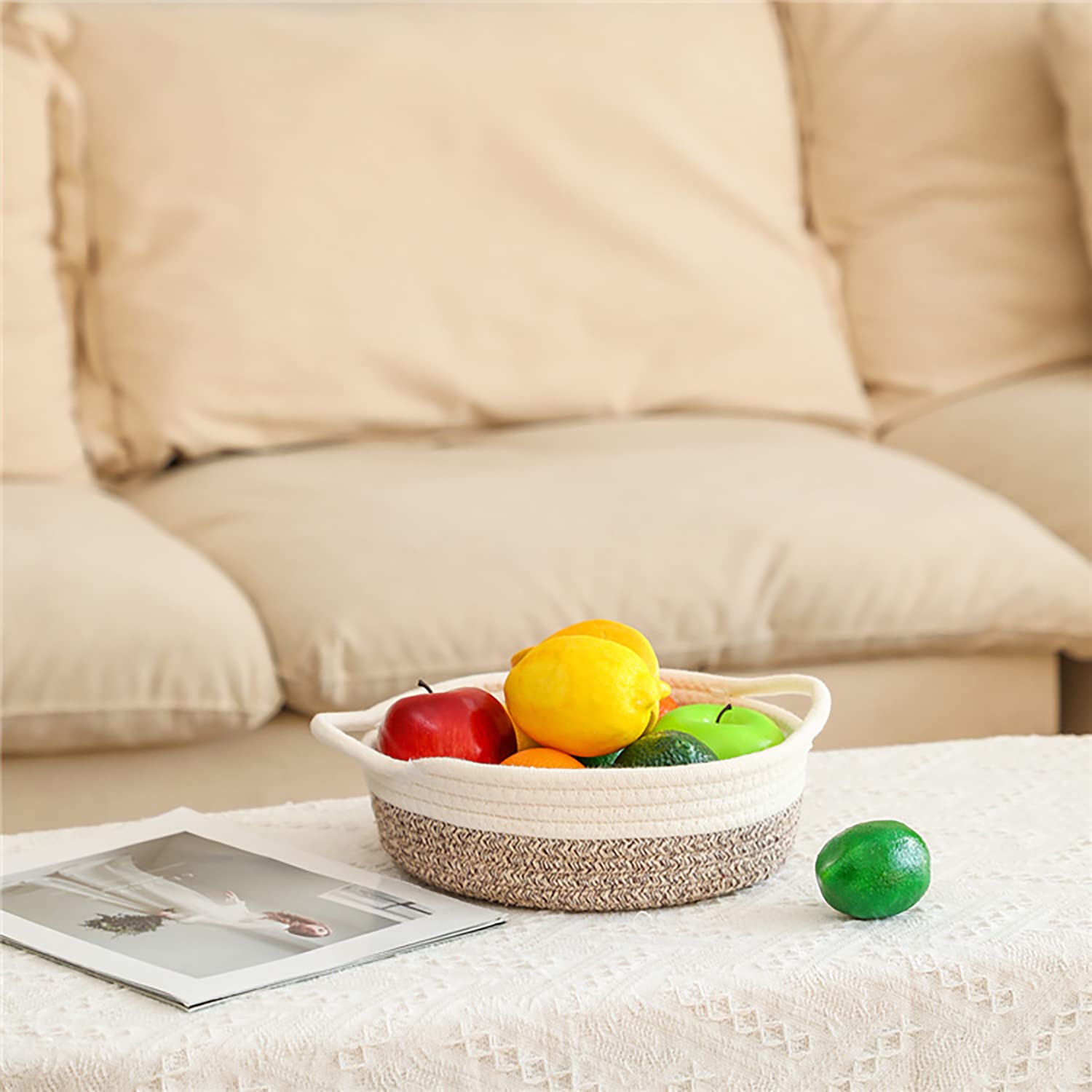 5-Piece Round Storage Basket Set- 100%Natural Cotton Rope Woven Baskets for Organizing Small Basket for Jewelry, Makeup, Dog Toy Baskets, Cat Toy Box, Bathroom Organization Bin (White & Grey)