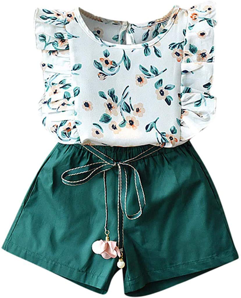 Guodeunh Baby Toddler Girls Summer Outfits Kids Flower Print T-Shirt Sleeveless Top Belt Shorts Pants Set(Green,6-7Years)
