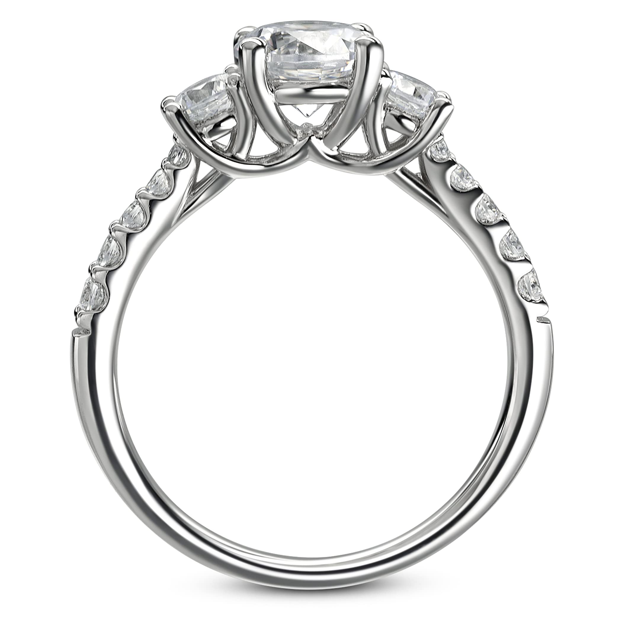 3 Stone 1ct Petite Micropavé Trio D Color VVS Moissanite Engagement Rings for Women Silver Moissanite Engagement Ring (8)
