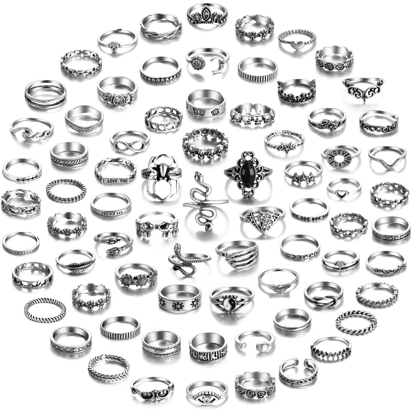 17 MILE Vintage Silver Rings Set for Women, Cool Gothic Ring, Stackable Joint Knuckle Rings, Retro Snake Chunky Punk Silver Rings Pack for Gift