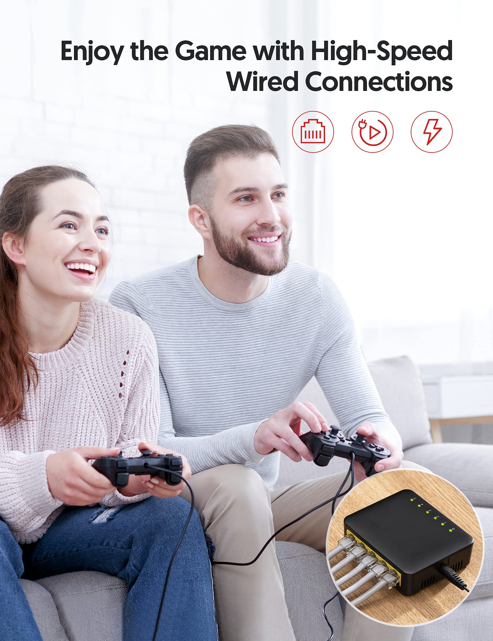 5-Port Gigabit Ethernet Switch, Unmanaged Ethernet Splitter for Office/Home/Dormitory,Home Network Hub, Unshielded Network Switch, Fanless Quiet, Plug and Play, Plastic Case