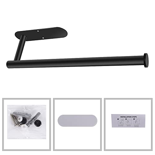 Aussido Paper Towel Holder Under Cabinet 13.2 inch Adhesive and Wall Mount Stainless Steel Paper Towel Holder Under Counter for Kitchen (Black)