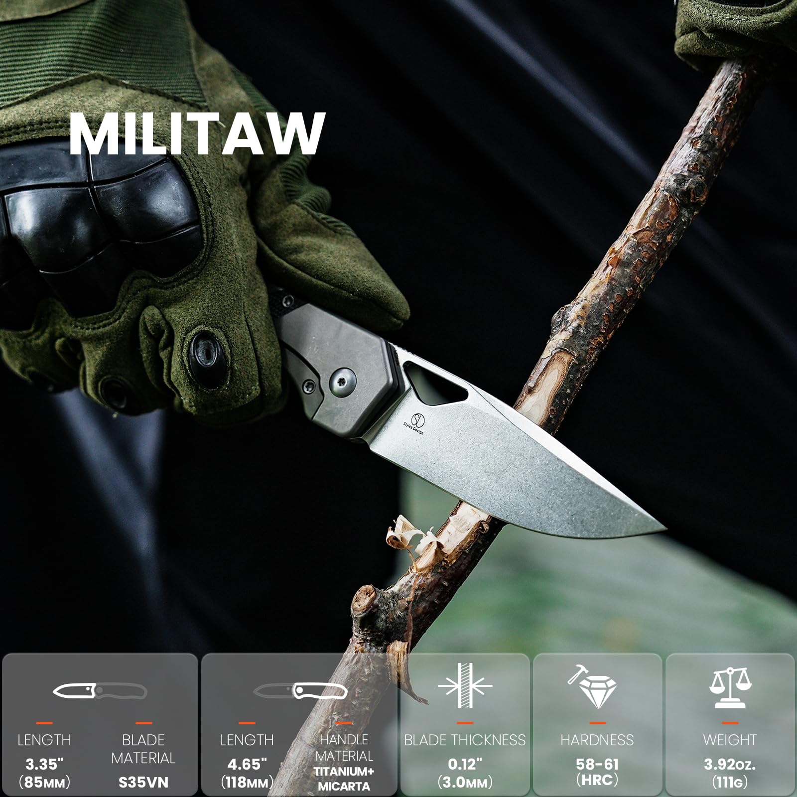 Kizer Militaw Pocket Knife 3.35 Inches Stonewashed S35VN Steel Blade EDC Knife, Titanium+Micarta Handle with 3D Pocket Clip, Ki3634A1