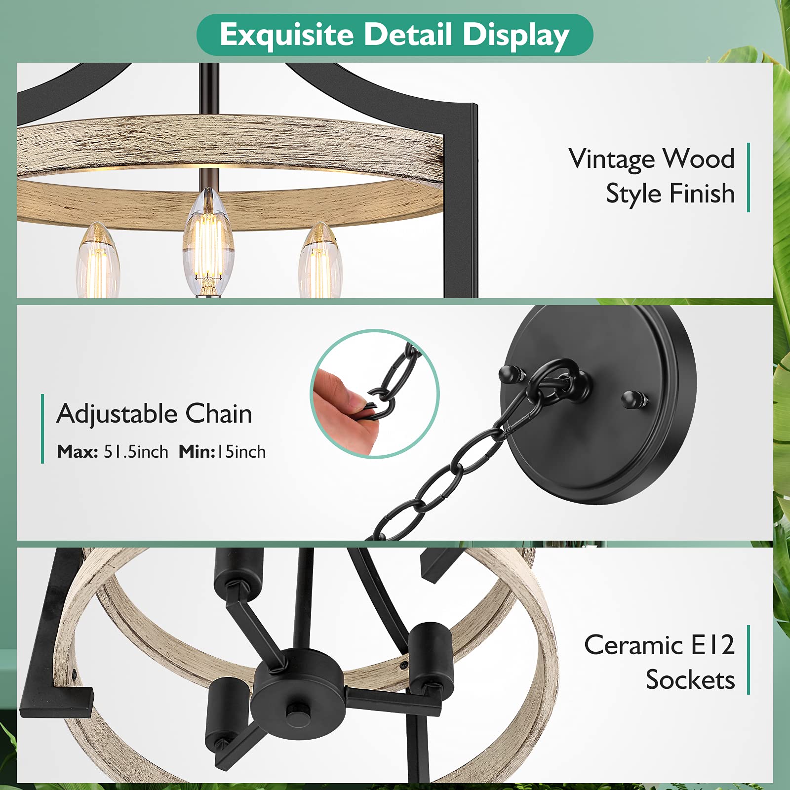 3-Light Rustic Farmhouse Pendant Hanging Light Adjustable Height Max 68in, Convertible Vintage Semi Flush Mount Ceiling Light Fixture Black Metal Chandelier White Birch Wood Finish Kitchen Dining Room