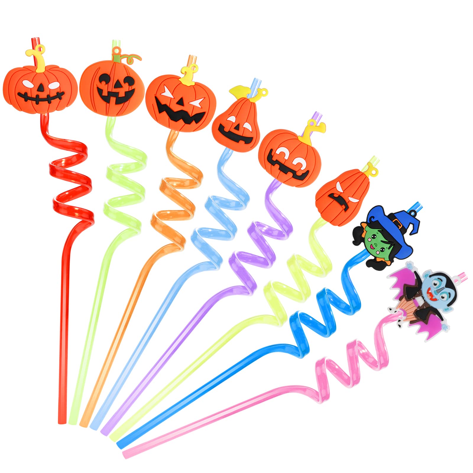 24 Pack of Cocktail Stirrers Curved Straws, Clear Reusable Pumpkin Witch Spider Pattern Drinking Straws for Halloween Party Decoration Supplies Birthday Party Favors, 8 Styles