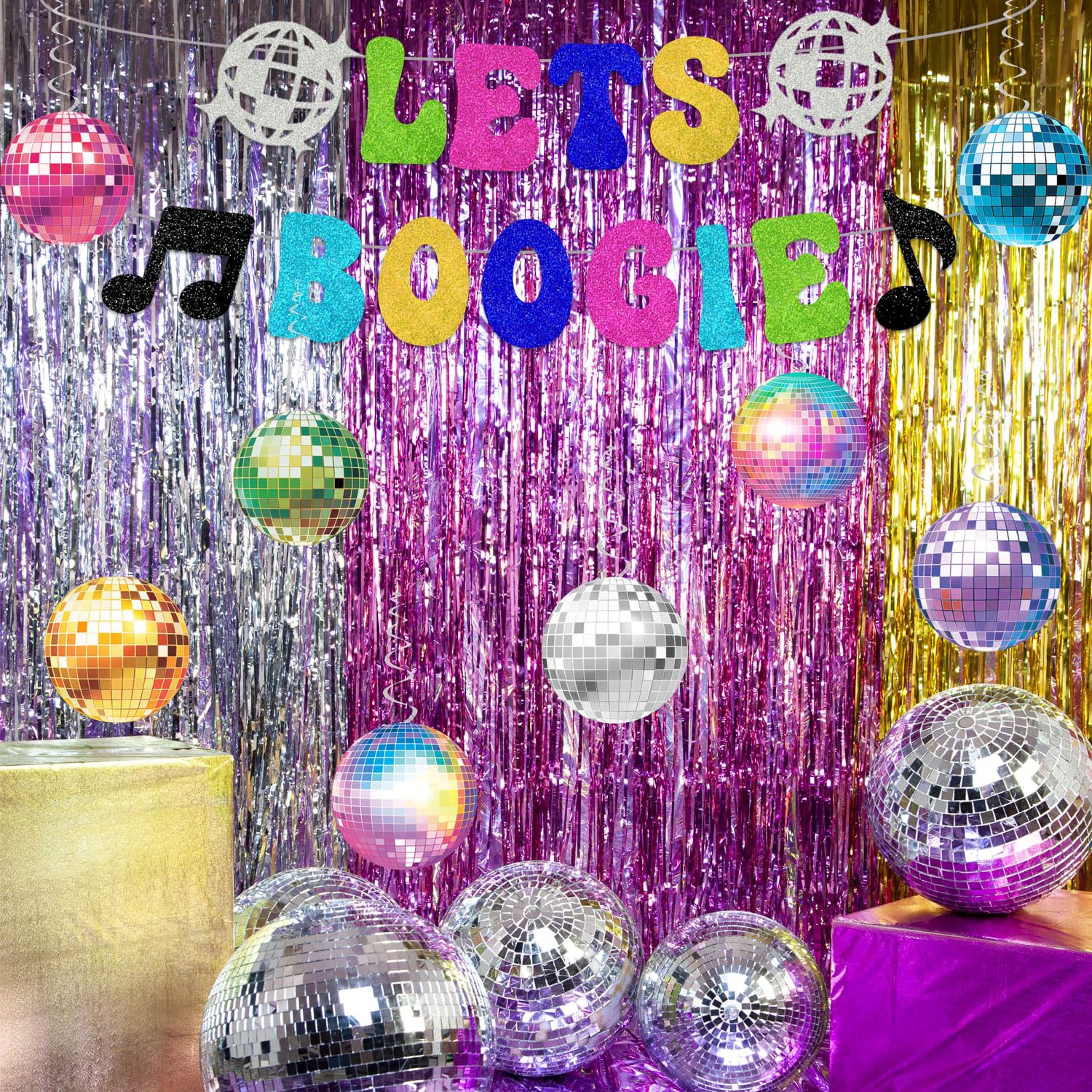 80's 90s Disco Themed Party Decorations Let's Boogie Banner Disco Ball Hanging Swirls Backdrop 70s Hanging Decor For Classroom Throwback Party Decorations Back To 60s 70s 80s 90s Dance Decade Party