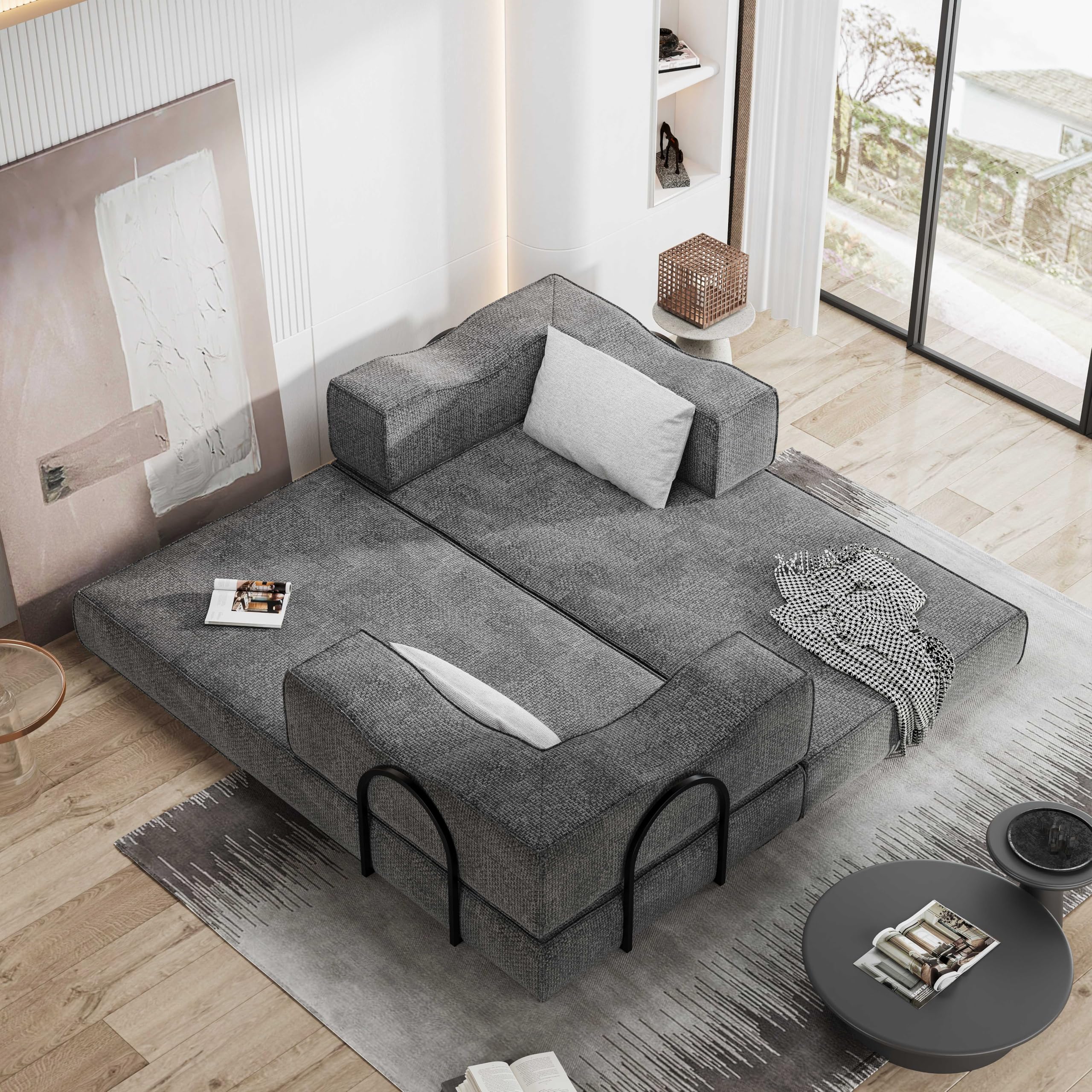 80" Folding Floor Sofa Bed Modular Futon Couch Bed with 2 Pillows 3-Seat Folding Sleeper Sofa&King Size Bed Mattress,DIY Combination Convertible Chenille Sofa Bed for Living Room Apartment (Grey)