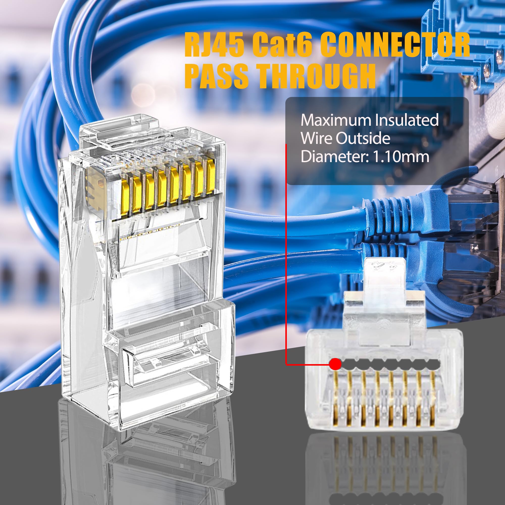 PETECHTOOL Cat6 RJ45 Connectors Pass Through Cat6 Cat5 Ethernet Connector 100-Pack with Wire Stripper for Solid or Stranded UTP Ethernet Cable