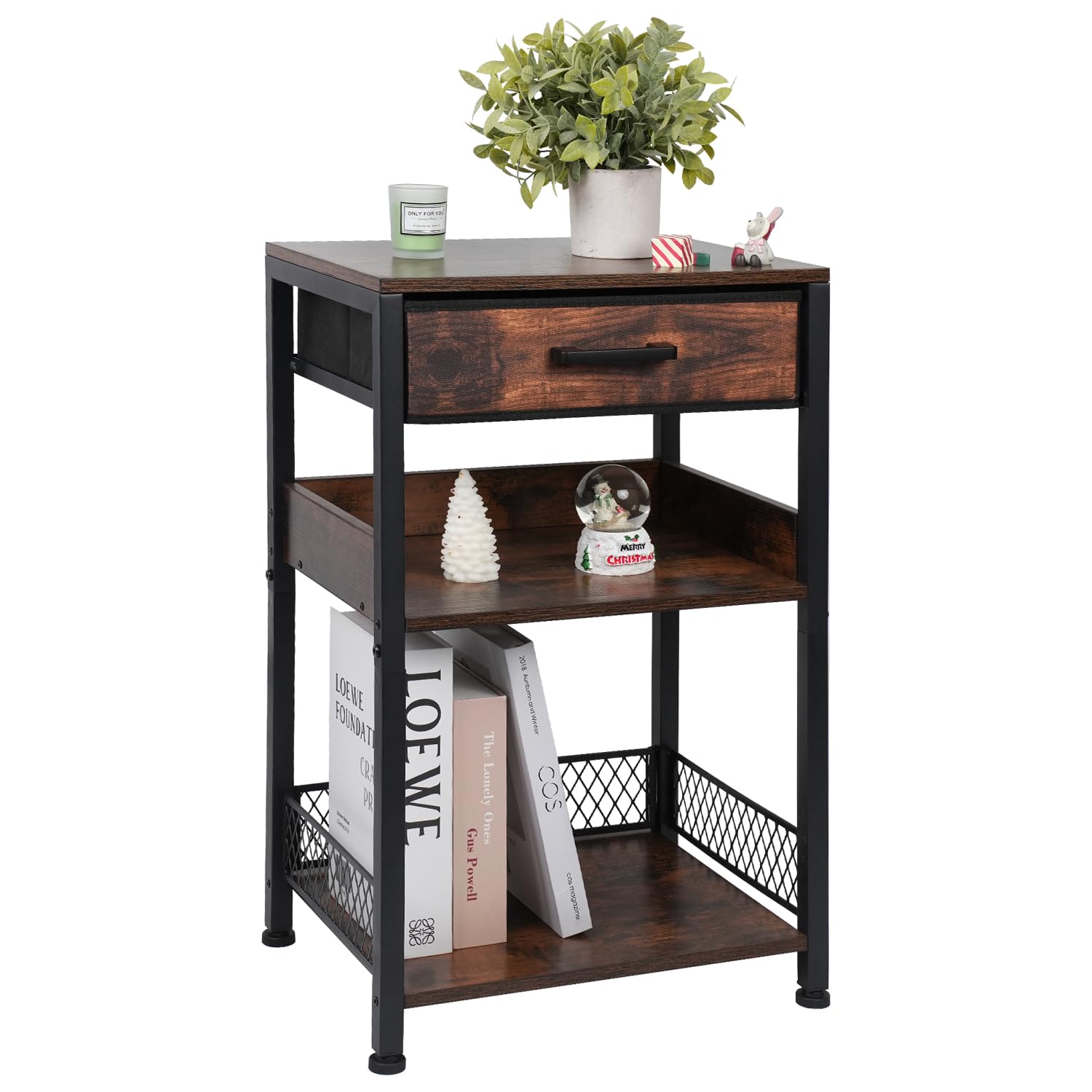3 Tier End Table,Small Side Table with Storage Drawer,24.8 inch Tall Night Stand for Small Spaces, Brown Bedside Table,Side Table for Living Room,Bedroom,Office