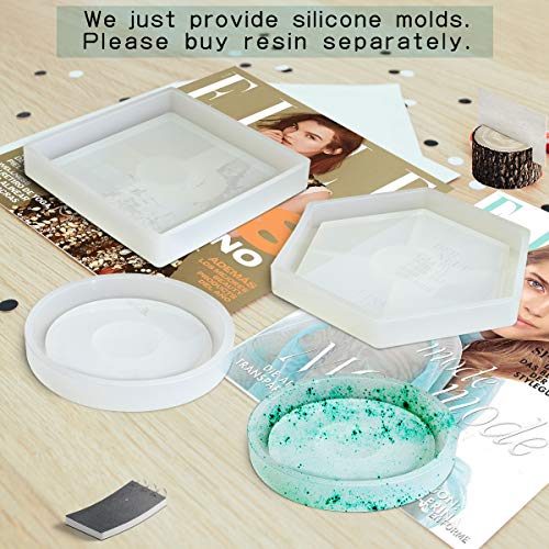 3 Pack DIY Coaster Silicone Molds for Resin, Epoxy Resin Molds Ashtray for Casting Eco-Friendly Sturdy Hexagon Square Round Mold Bottom Bracket for Casting with Resin,Concrete,Cement