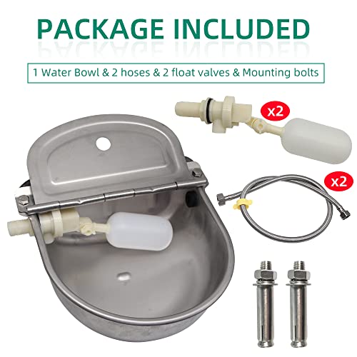 Automatic Animal Waterer Bowl with Float Valve, 304 Stainless Steel Automatic Livestock Drinking Water Trough Kit Includes Water Bowl, 2 Hoses,2 Float valves & Mounting Bolts