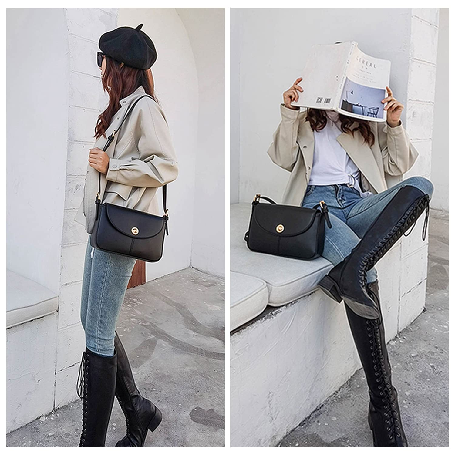 Ayliss Women Crossbody Handbag Purses Shoulder Handbag PU Leather Fashion Vegan Classic Envelope Saddle Purse Bag (Black)