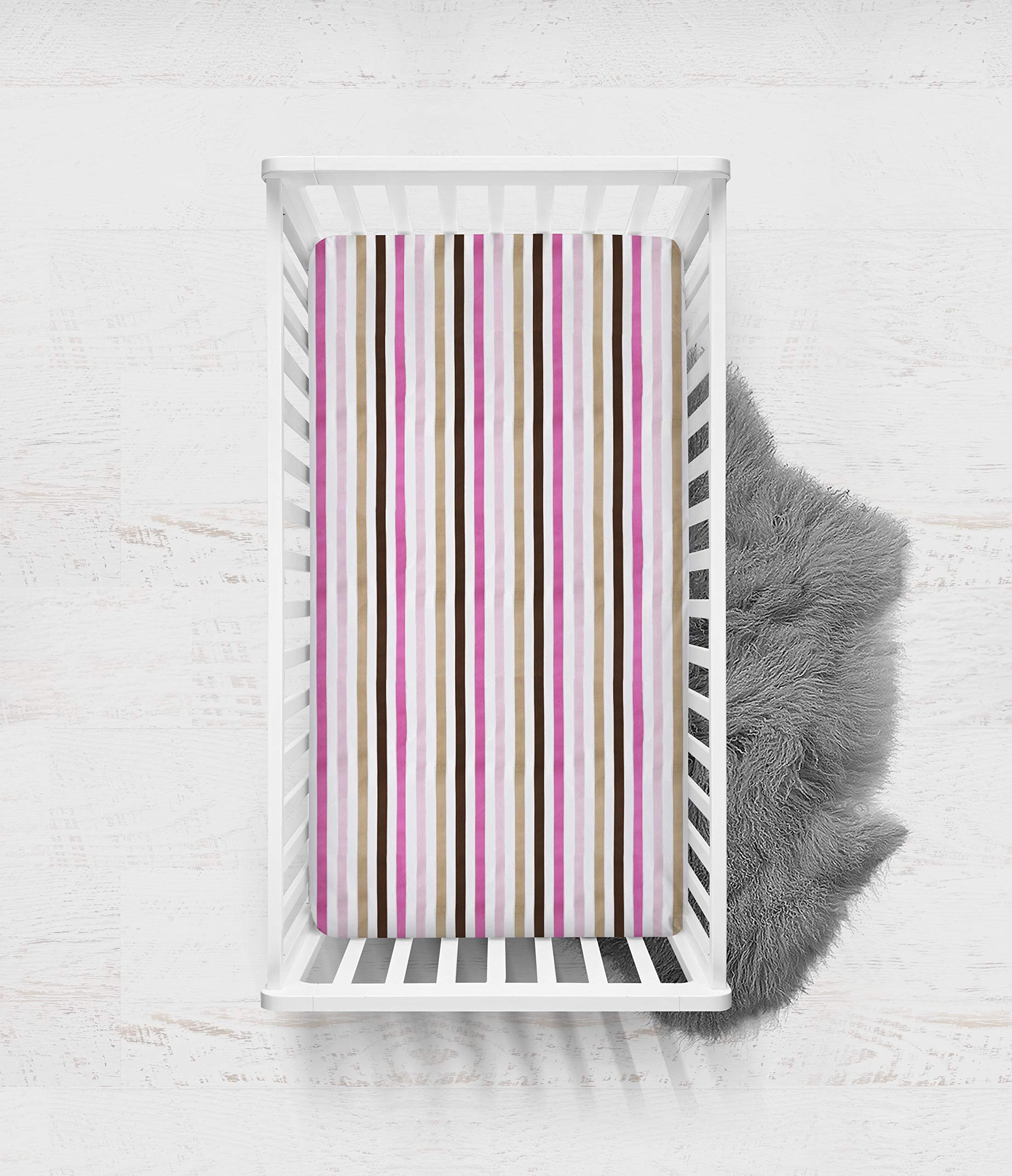 Bacati - 2 Pack MOD Stripes Printed Neutral 100% Cotton Universal Baby US Standard Crib or Toddler Bed Fitted Sheets (Pink Chocolate Brown)