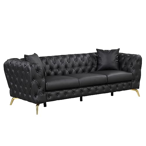 P PURLOVE Modern 3 Seater Sofa with Sturdy Metal Legs, PU Upholstered 3 Seater Sofa with Button Tufted Back, 3 Seater Sofa Couch for Living Room,Bedroom, Small Space, Black