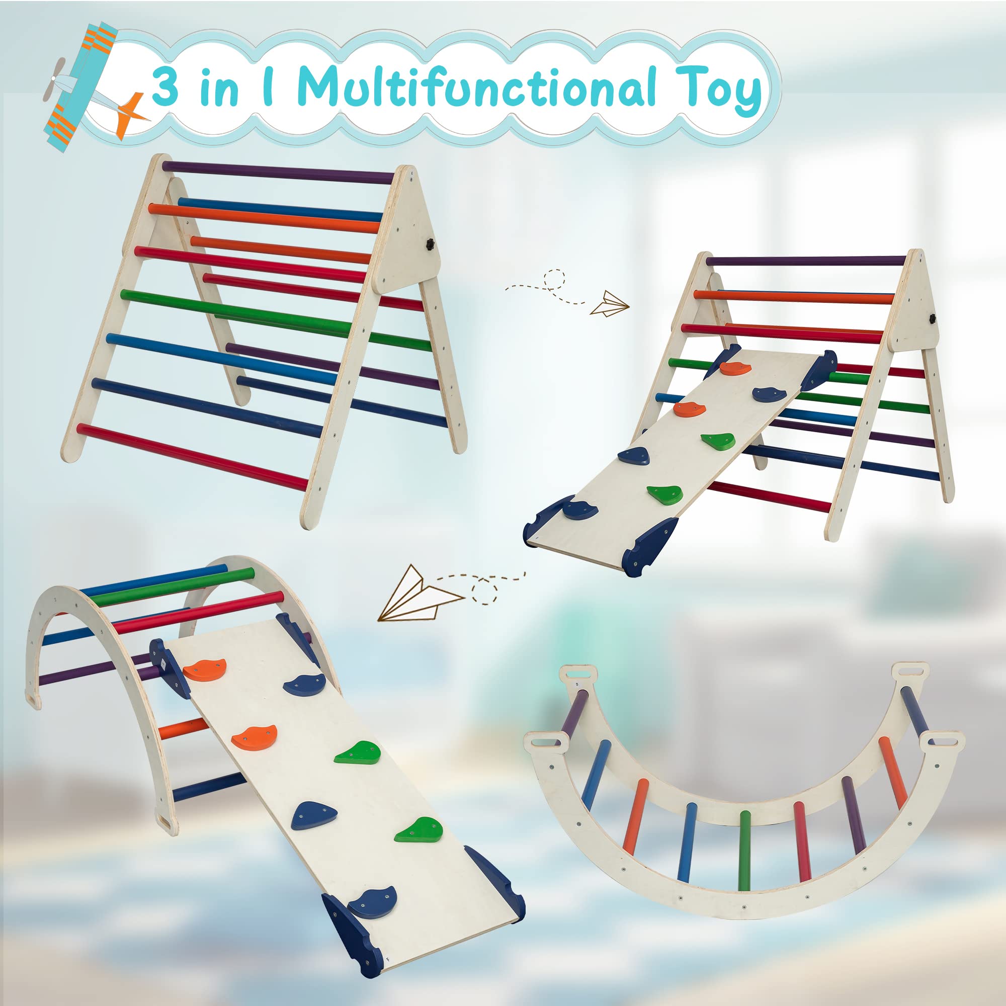 3 in 1 Foldable Triangle Ladder, Pikler Triangle Climber with Ramp, Sturdy Wooden Toddler Climbing Toys for Toddlers 1-3. with Climbing Triangle/Arch/ramp.Multicolourā¦