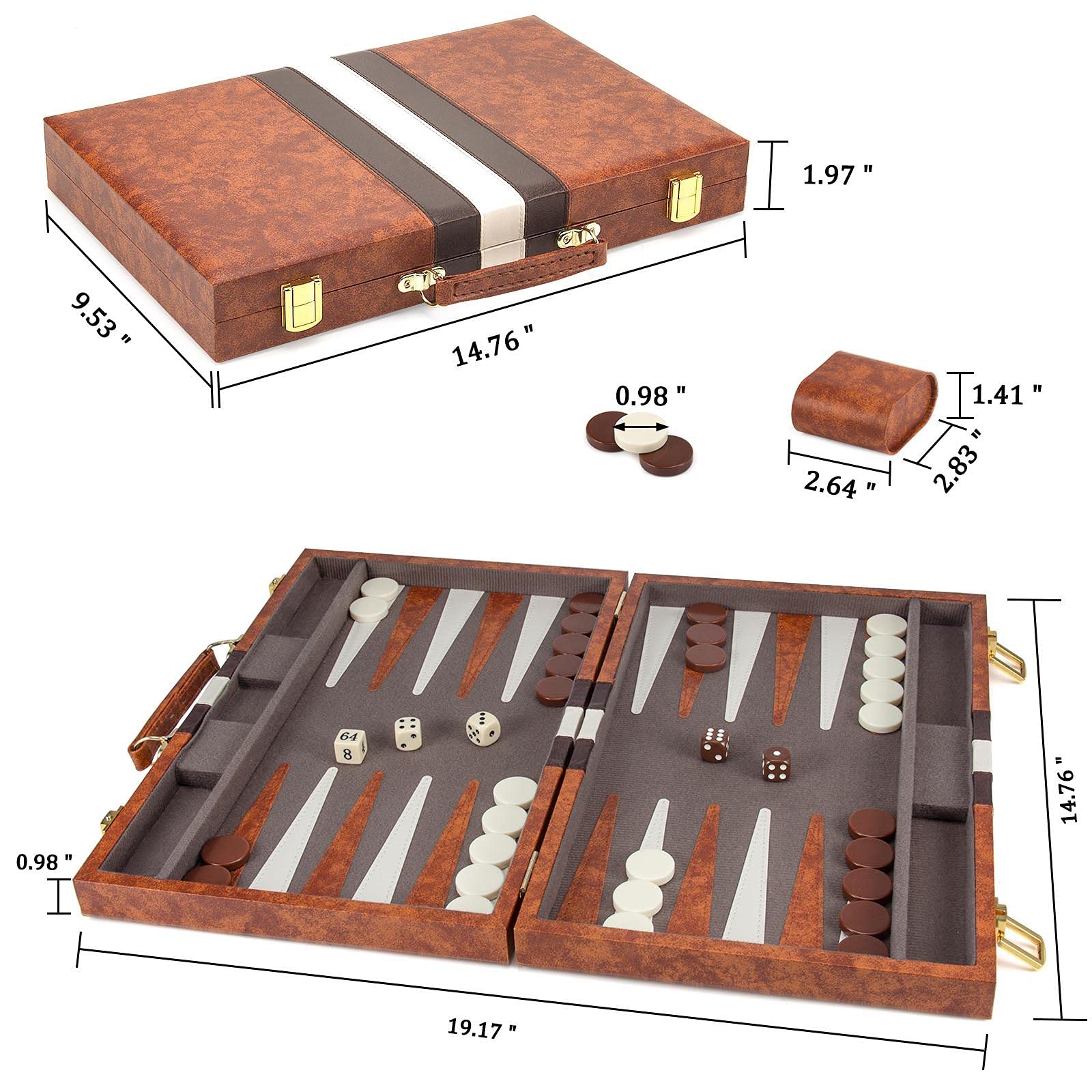 AMEROUS Backgammon Set, 15 Inches Classic Board Game with Leather Case, Folding Board, Gift Package, Portable Travel Strategy Backgammon Game Set for Adults, Kids (Medium, Brown)