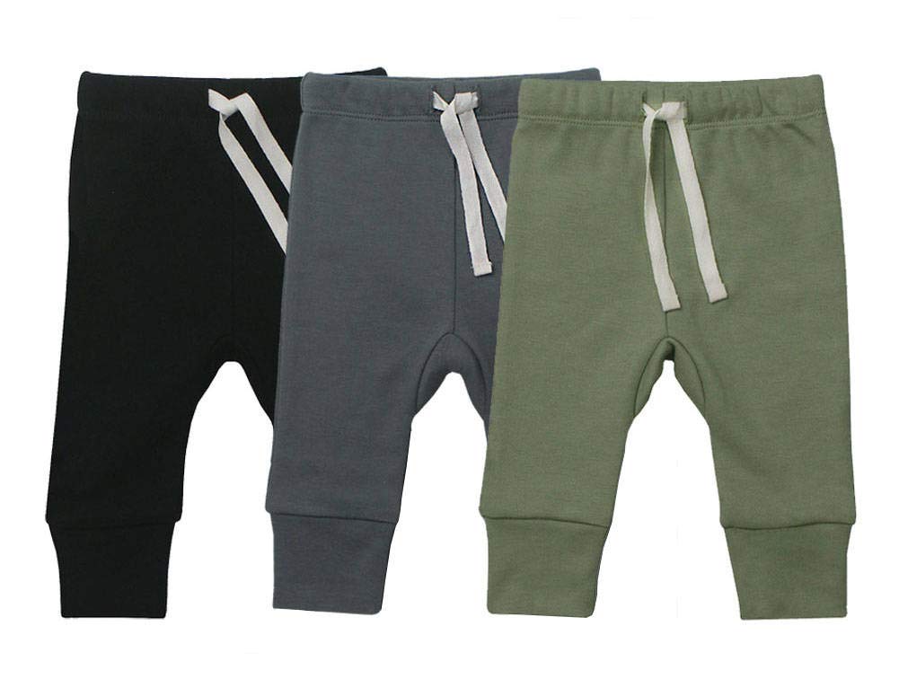 HonesBorn Baby Unisex 3-Pack Pants, Infant Boys Girls Cotton Tapered Ankle Pants(6-12 Months, Black/Slate Gray/Sage)
