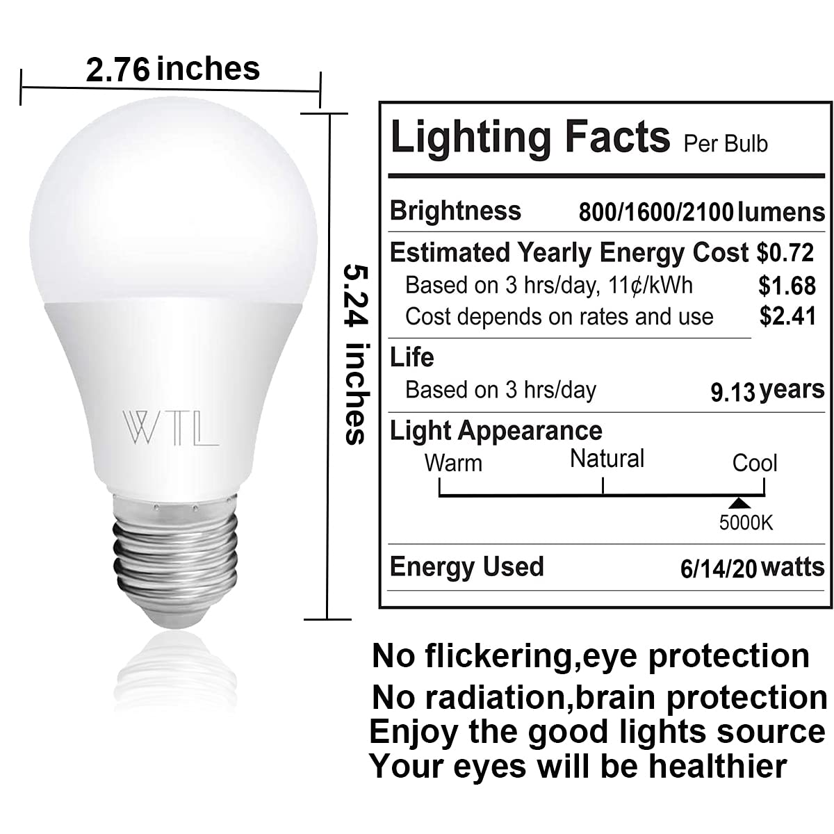 3 Way LED Light Bulbs 50 100 150W Equivalent A21,Three Way Light Bulb 5000K Daylight 6W/14W/20W,E26 Base,for Living Room,No Flicker,2 Pack