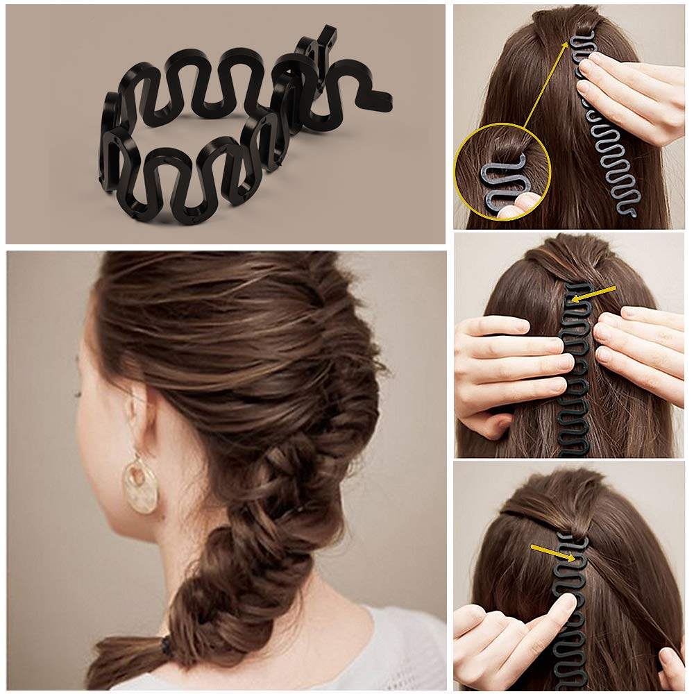 TsMADDTs Hair Braiding Tools Set, 8PCS Topsy Tail Tools, 8PCS French Centipede Braiders for French Twist Plait Ponytail, 10PCS Black Hair Ties Bulk